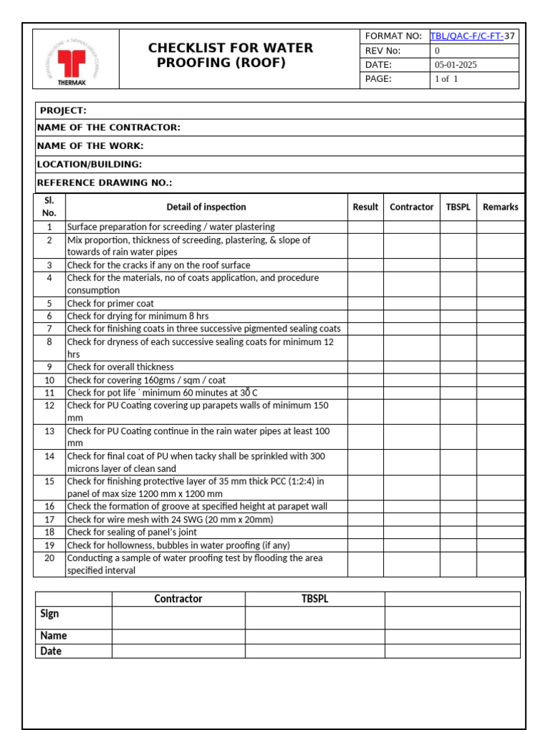 l4 - TBL Qac FC FT 37 - Checklist For Water Proofing (Roof) | PDF