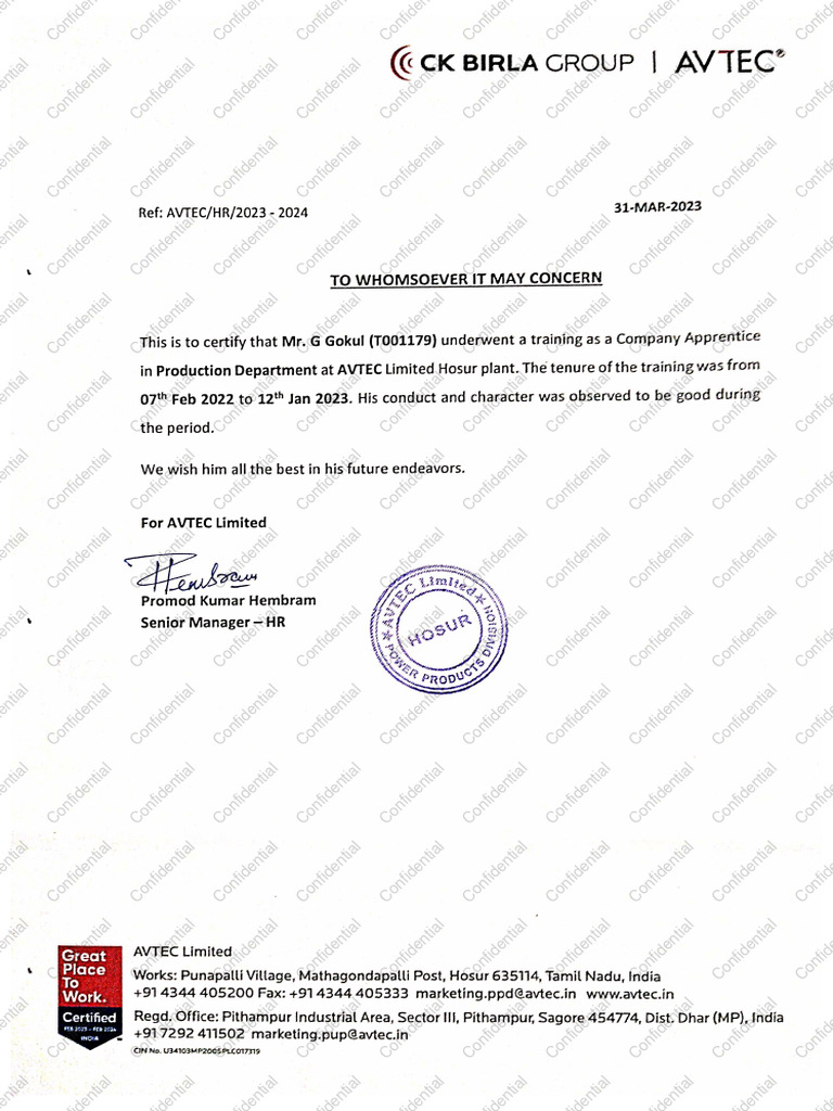 Avtec Training Certificate | PDF