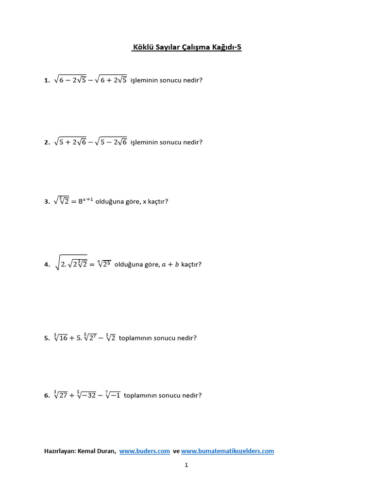 9.sinif Koklu Sayilar Calisma Kagidi 5 | PDF
