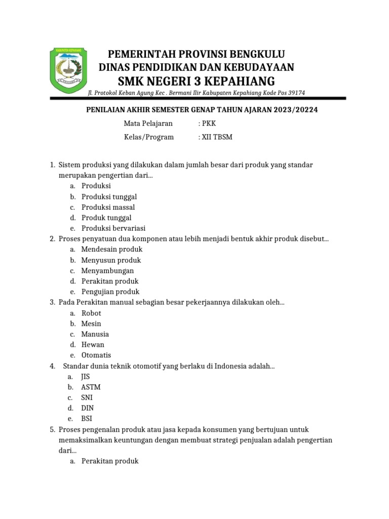 Soal Asas PKK Kelas 12 TBSM | PDF