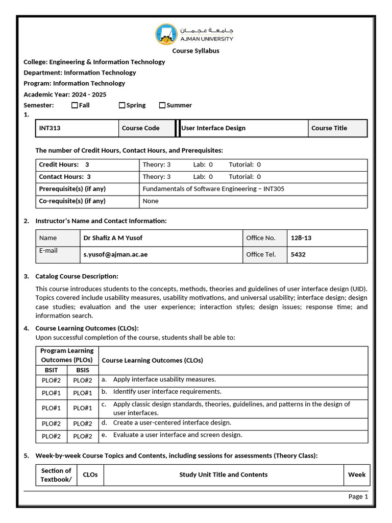 INT313 - UID - Course Syllabus Spring - 2024 - 2 | PDF | Usability | Academic Integrity