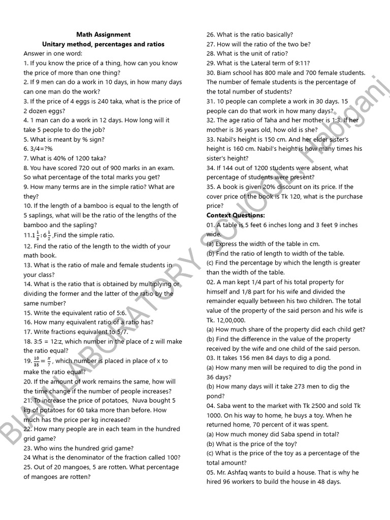 Math Assignment 1 | PDF | Ratio | Percentage