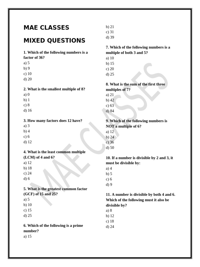 MAE Classes: Mixed Math Questions | PDF