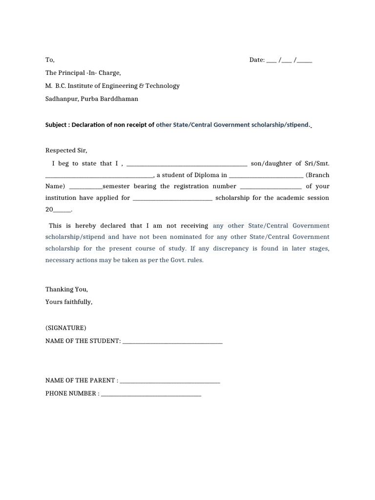 Declaration For Scholarship | PDF