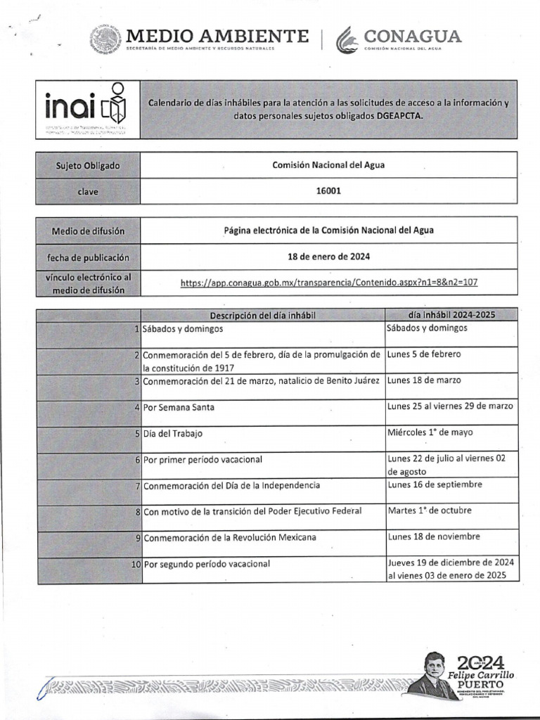 Dias Inhabiles 2024-2025 | PDF