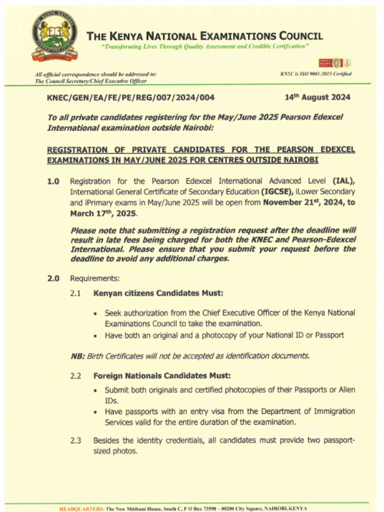 Registration Circular For May June 2025 For Centres Outside Nairobi County | PDF