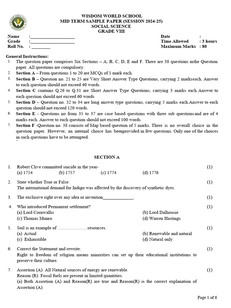 Grade 8 Mid Term Sample Paper Social Science Aadhar | PDF