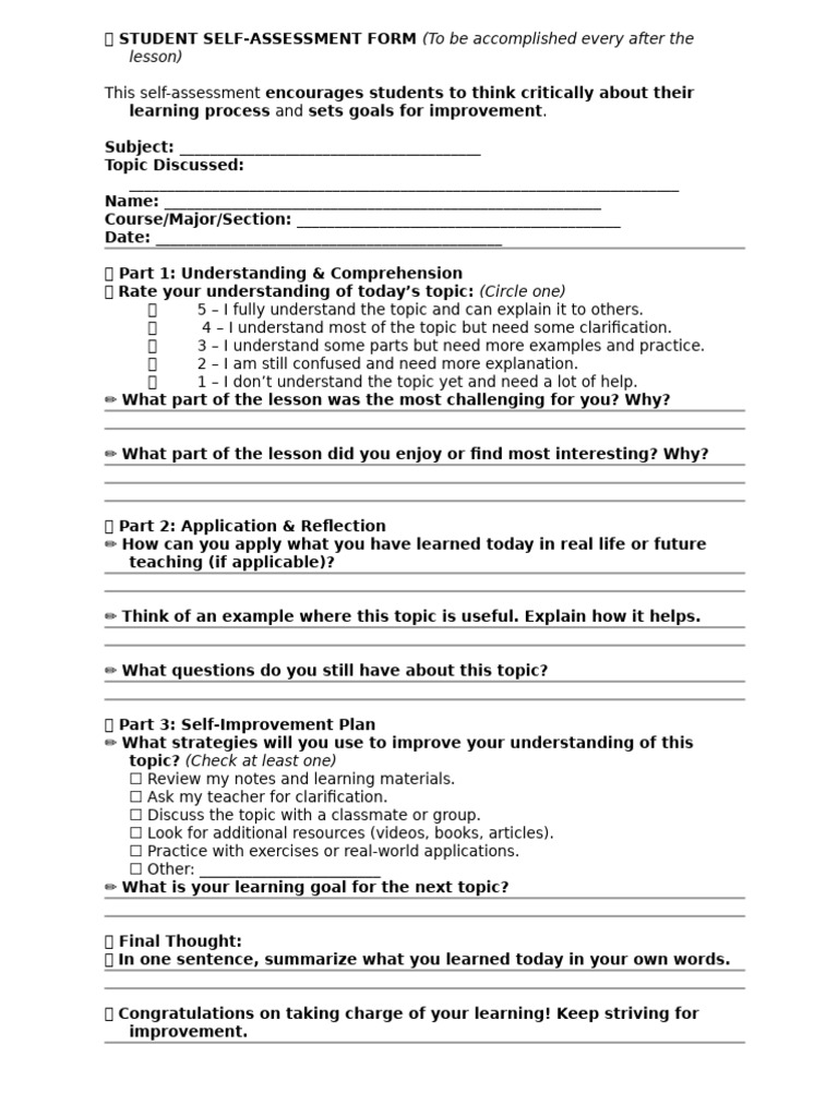 Self Assessment Form | PDF