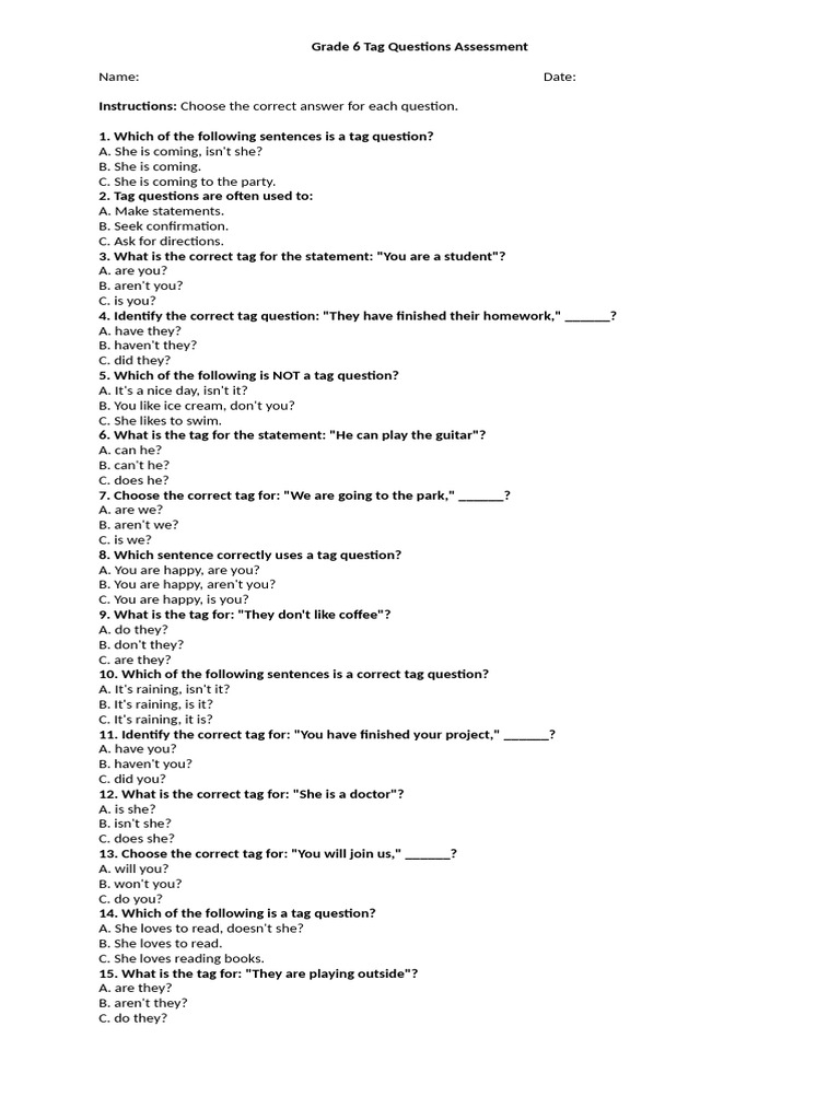 Class 6 Tag Questions Worksheet | PDF