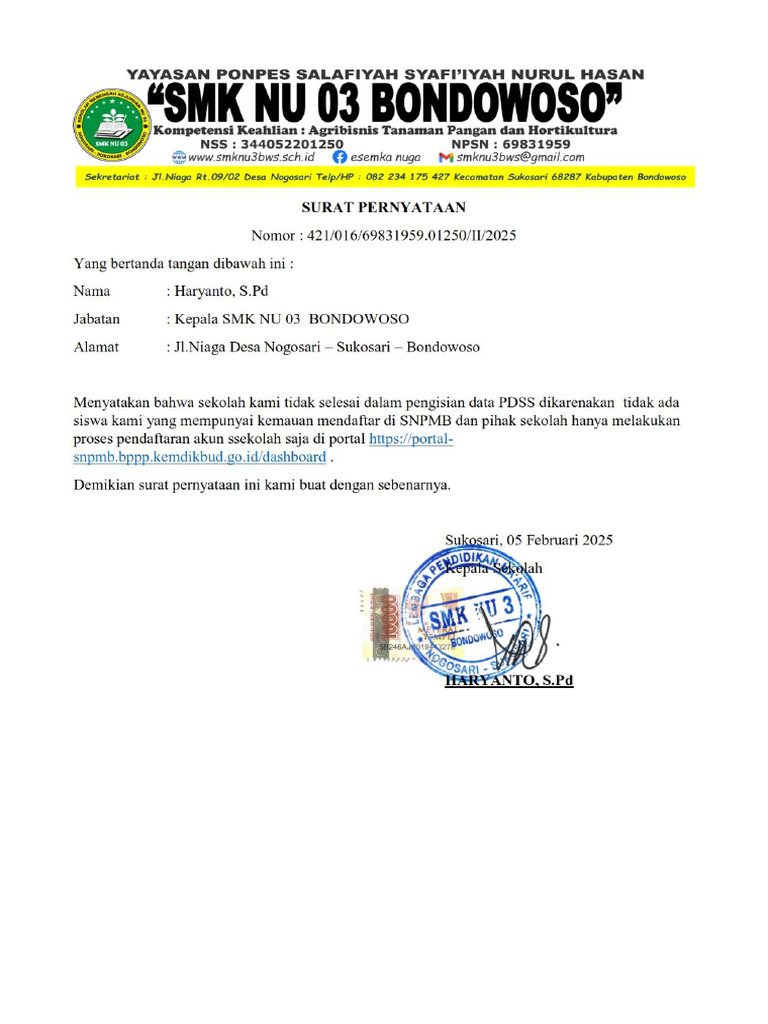 SURAT PERNYATAAN SMK NU 3_001 | PDF