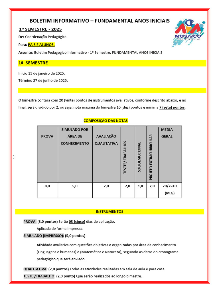 Boletim Informativo I Semestre Fundamental Anos Iniciais | PDF | Pedagogia