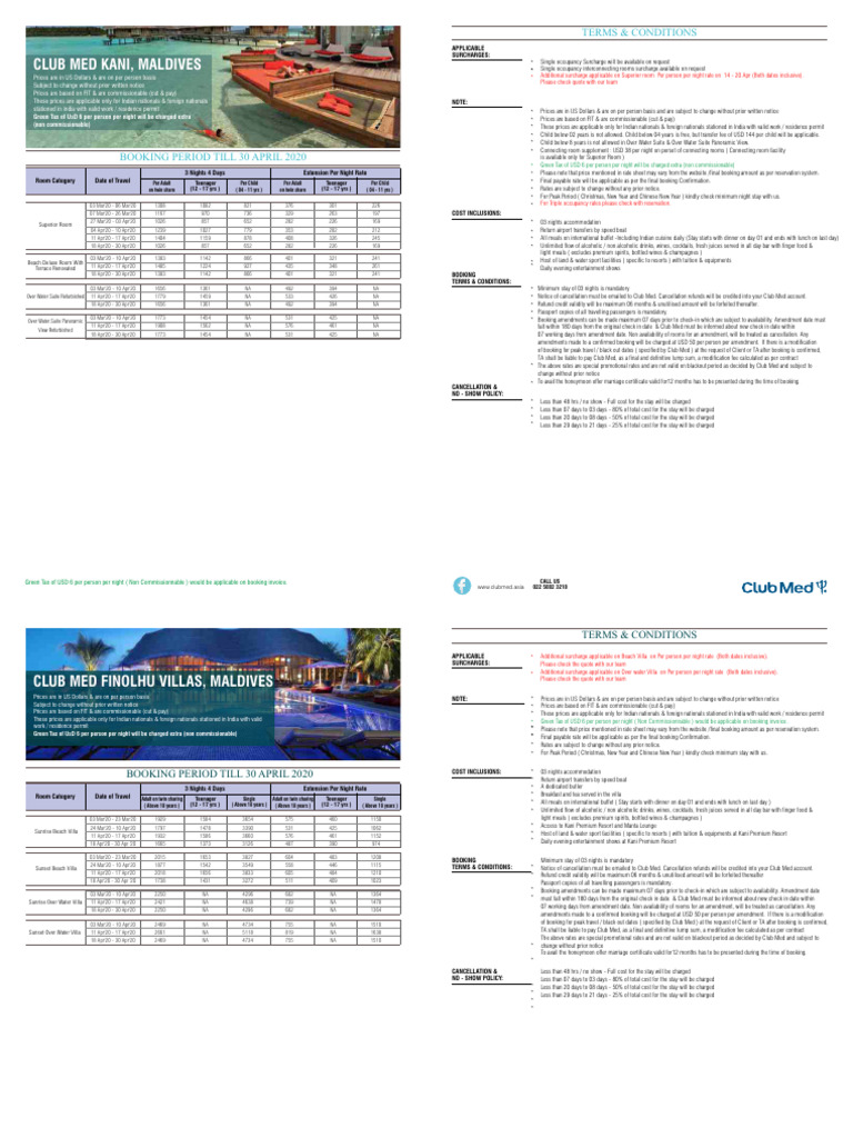 W20 Rate Sheet Valid Till 30 Apr Revised | PDF | Meal | Fee