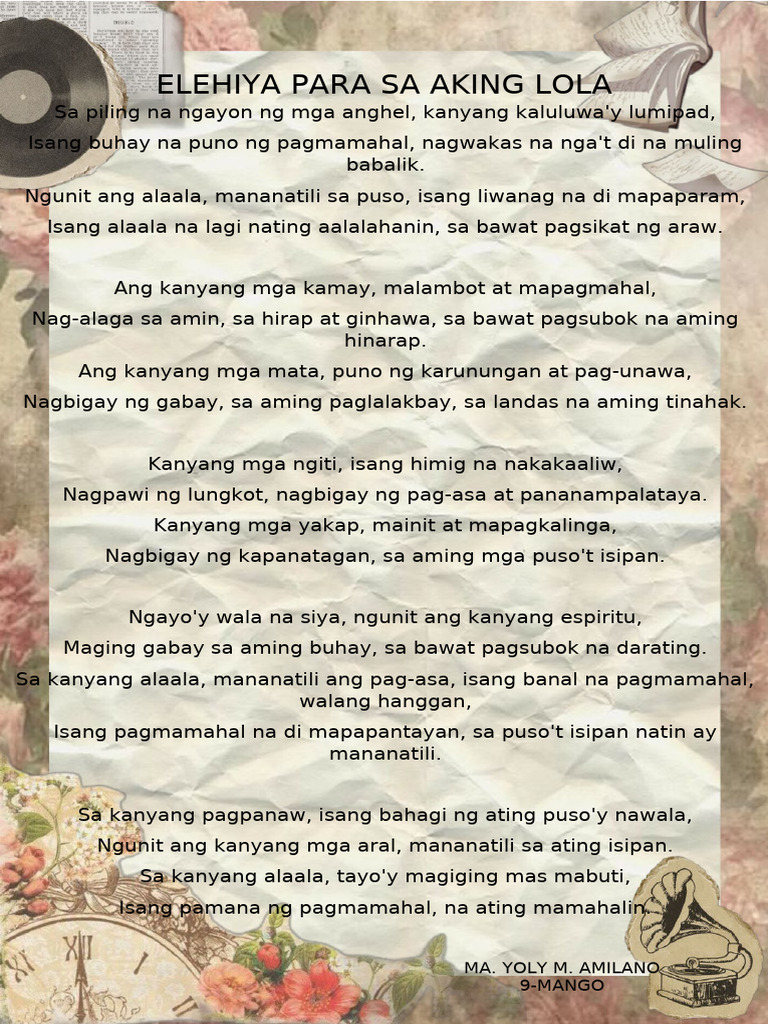 Elehiya para Sa Aking Lola: Ma. Yoly M. Amilano 9-Mango | PDF
