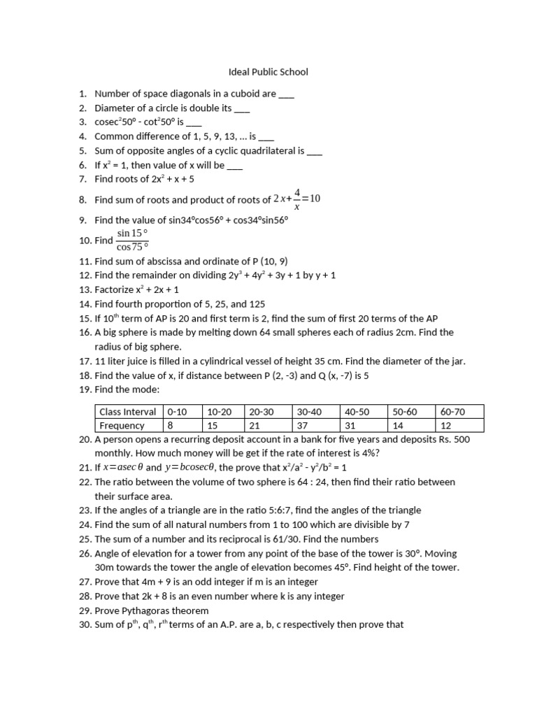 Class 10 Mathematics Test | PDF