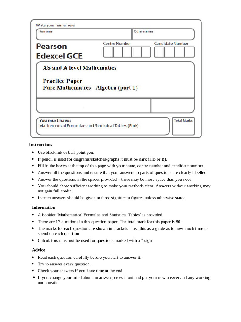 As Mathematics - Practice Paper - Algebra (Part 1) | PDF | Factorization | Equations