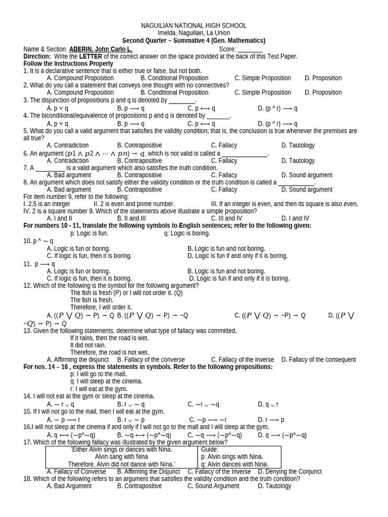 Aberin, John Carlo L. Summative 2.4 GEN. MATH | PDF | Logic | Argument