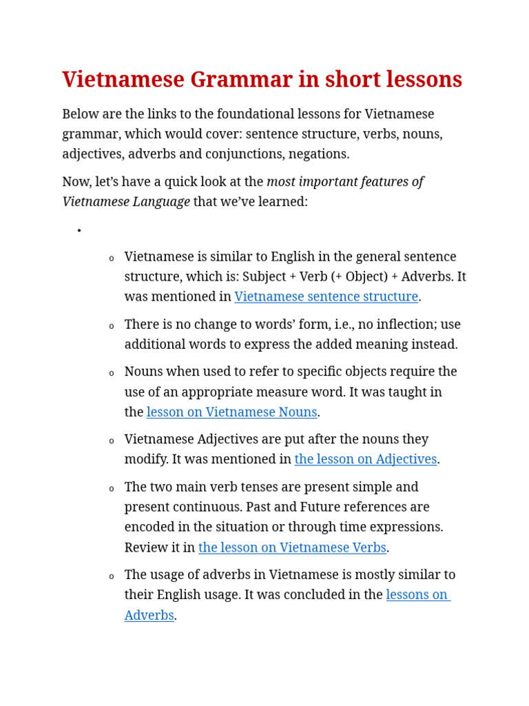 Vietnamese Grammar in Short Lessons | PDF