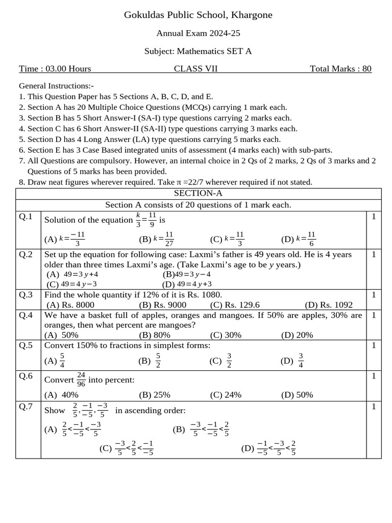 Annual Class VII Maths Feb 25 RNM | PDF | Mathematics