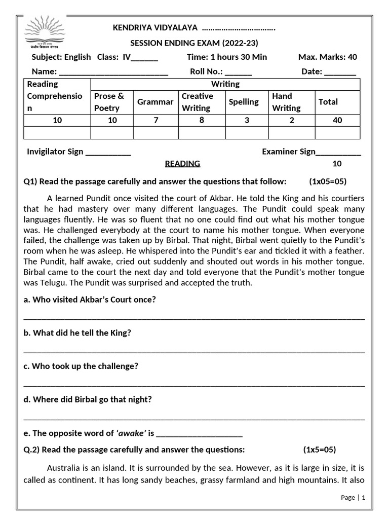 IV English Question Paper 2022-23 | PDF | Australia