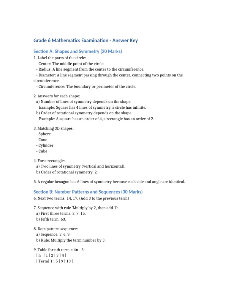 Grade6 Math Exam Answer Key | PDF
