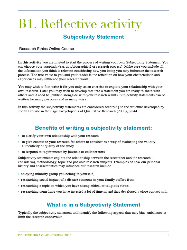 B1 Reflective Activity Subjectivity Statement | PDF | Qualitative ...