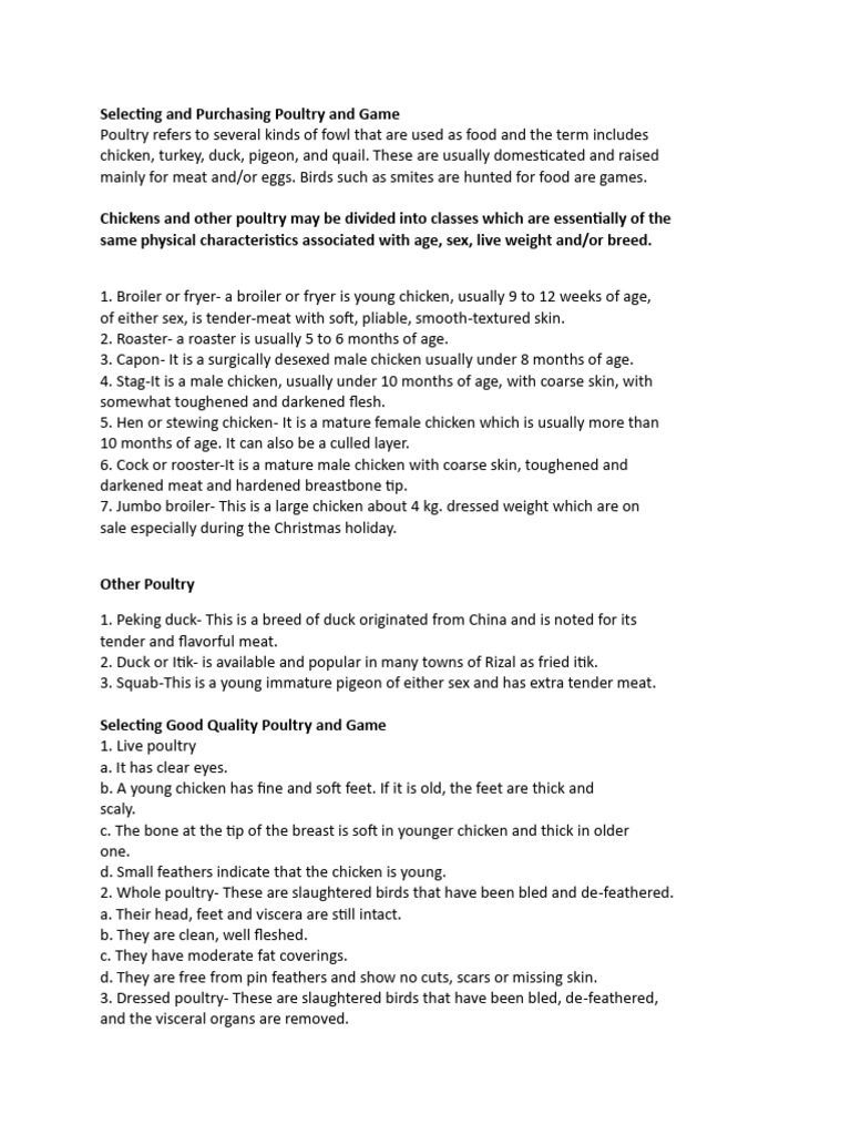 Selecting and Purchasing Poultry and Game | PDF | Poultry | Chicken