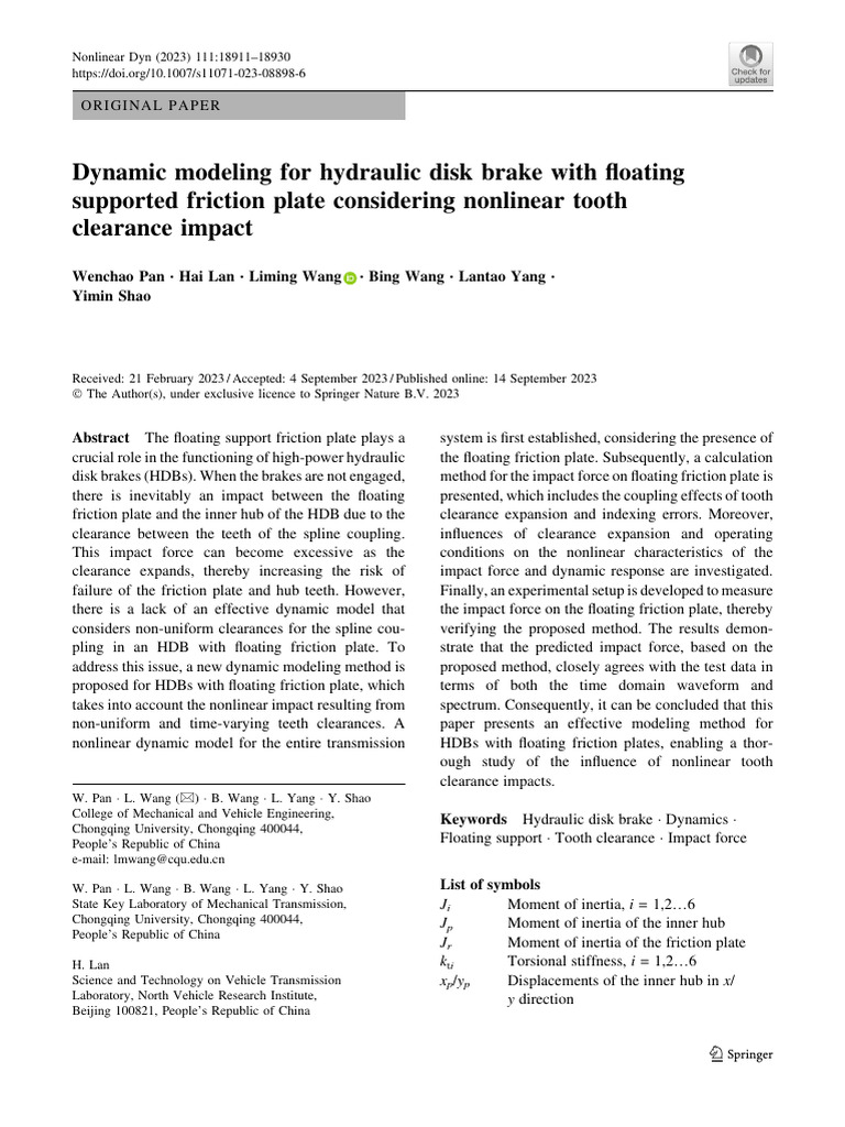 Dynamic Model for Hydraulic Disk Brakes | PDF | Stiffness | Force