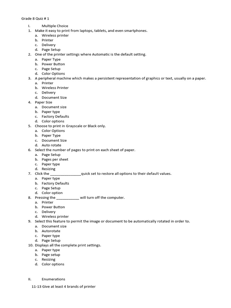 Grade 8 Quiz No Ans. | PDF