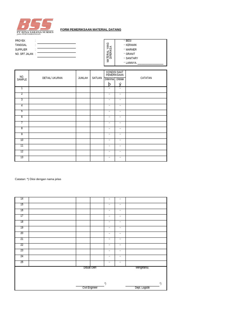 BSS-FRM-CVL-012 Form Pemeriksaan Material Datang NOVEMBER | PDF