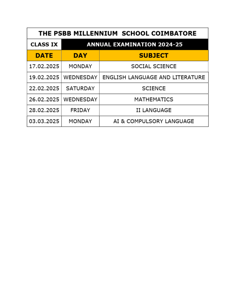 IX Std Annual Examination Time Table 2024-251738753353 | PDF