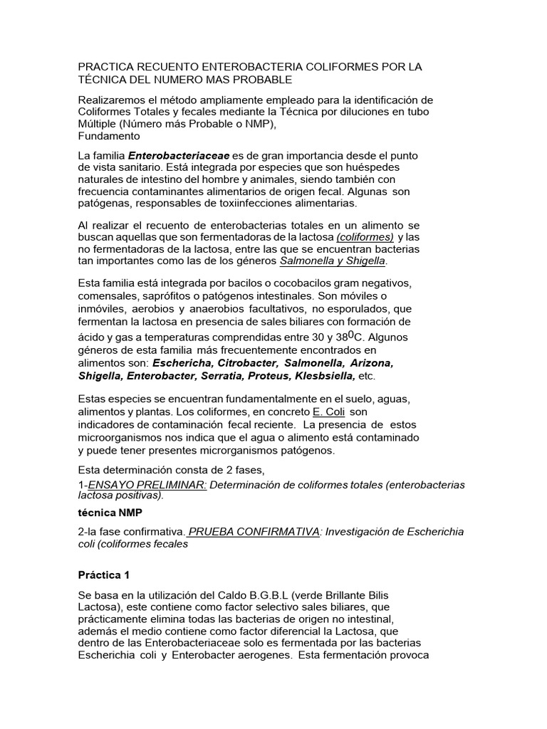 Recuento de Coliformes por NMP en Alimentos | PDF | Biología | Las ...