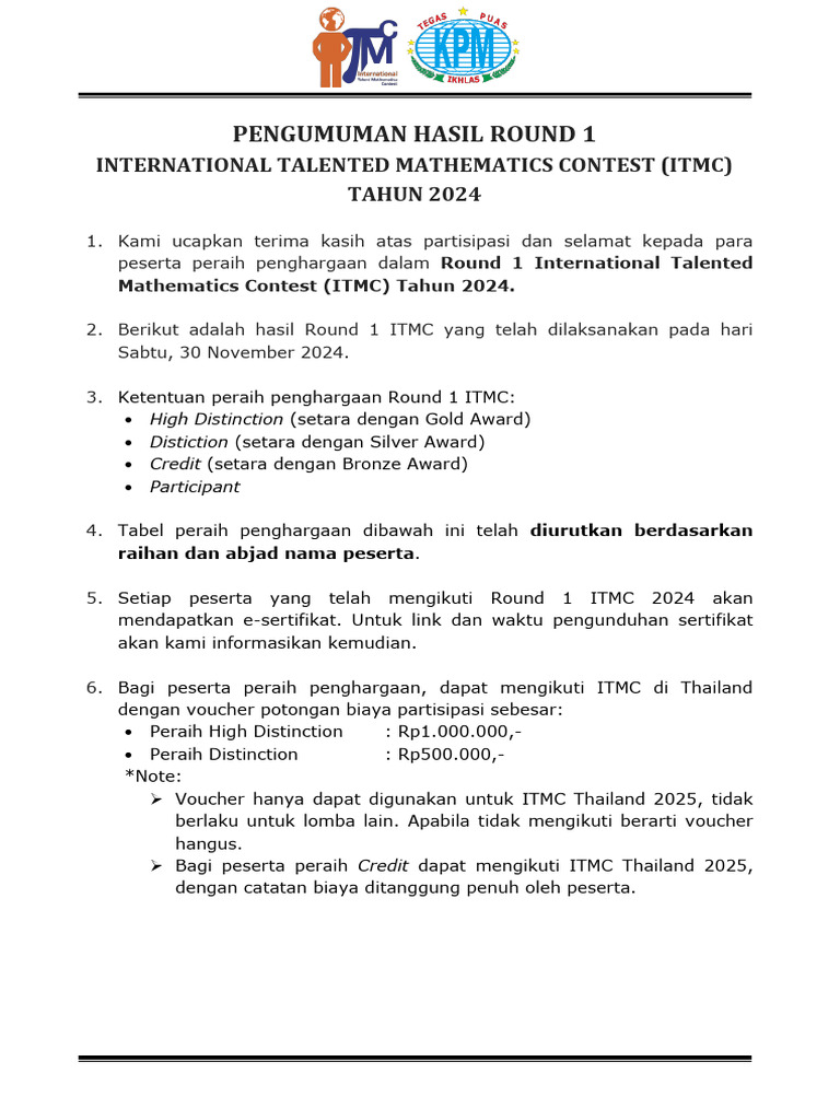 Hasil ITMC 2024 dan Pengumuman Sertifikat | PDF