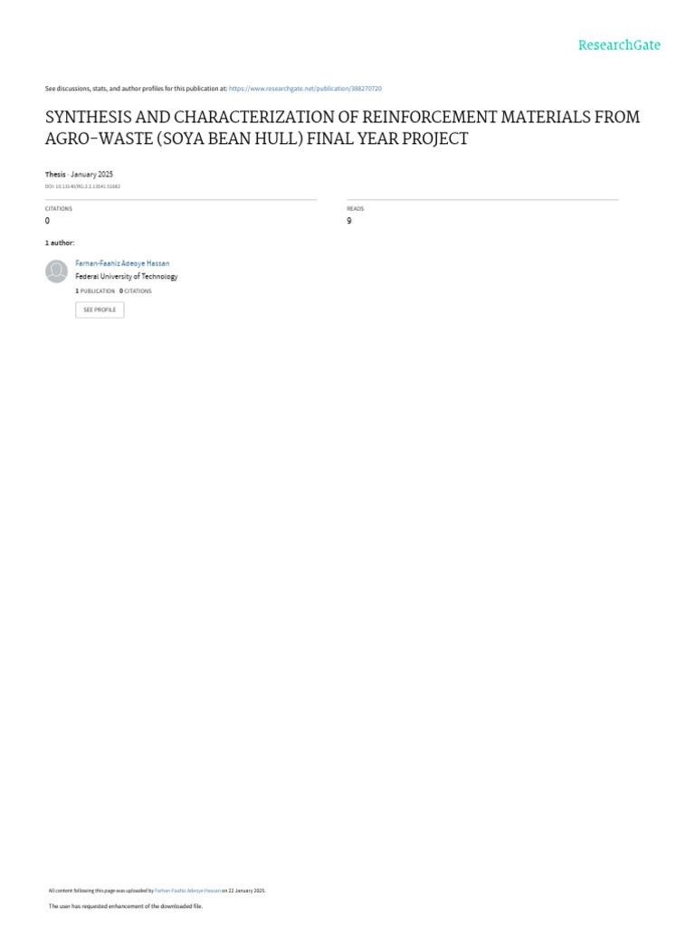 Synthesis and Characterization of Reinforcement Materials From Agro-Waste (Soya Bean Hull) Final ...