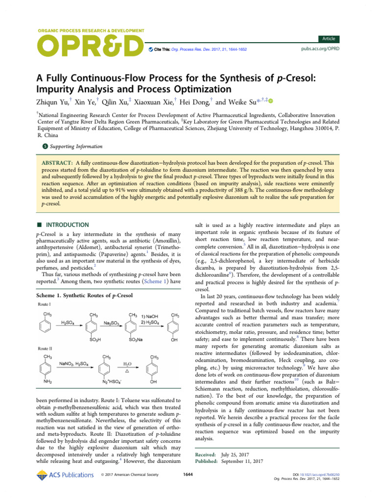 Continuous-Flow Synthesis of p-Cresol | PDF | Nitric Acid | Acid