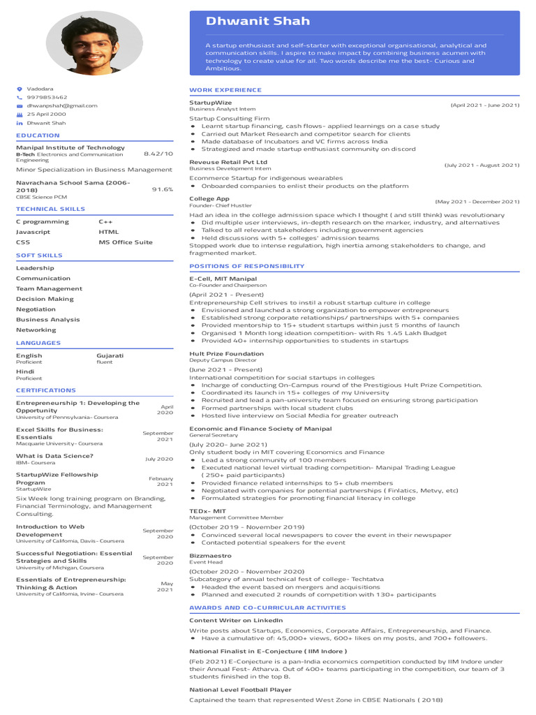DhwanitShah_Resume | PDF | Startup Company | Small Business & Entrepreneurs