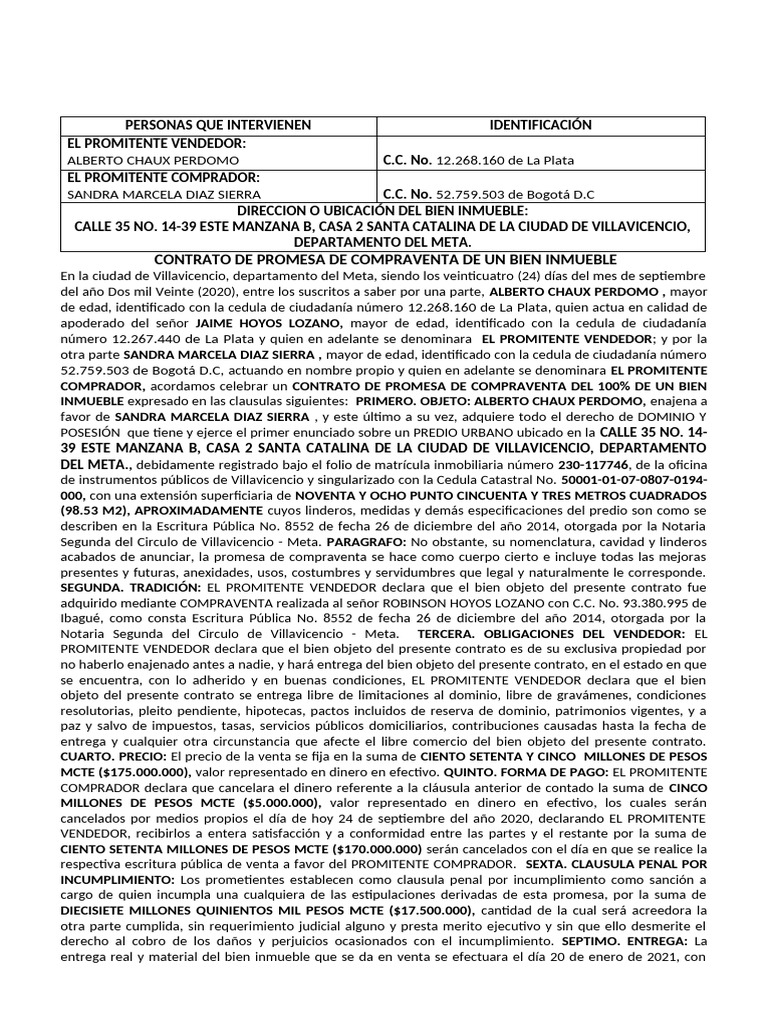 CONTRATO DE COMPRAVENTA DE DERECHOS DE UN BIEN INMUEBLE-este Sì-$15.000 ALBERTO CHAUX PERDOMO | PDF