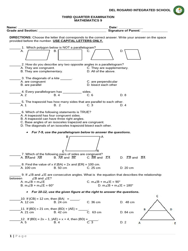 Q3 - Math 9 - Periodical Exam (S.Y.24-25) | PDF | Elementary ...