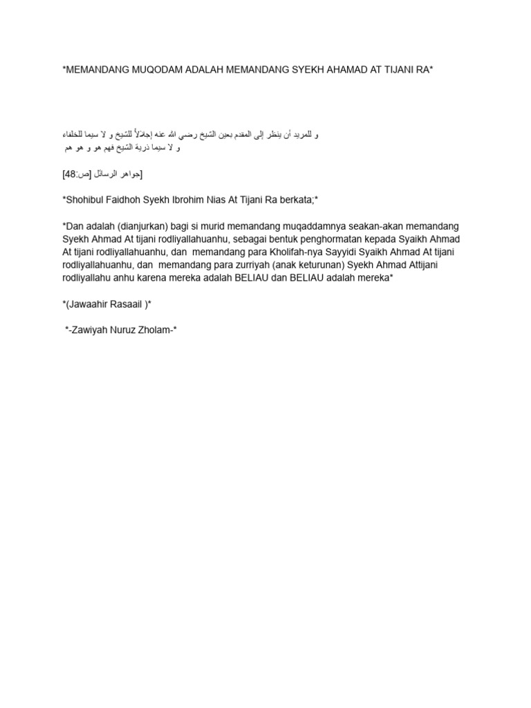 Jurnal Memandang Muqaddam Sama Seperti Memandang Syekh Ahmad Tijani | PDF