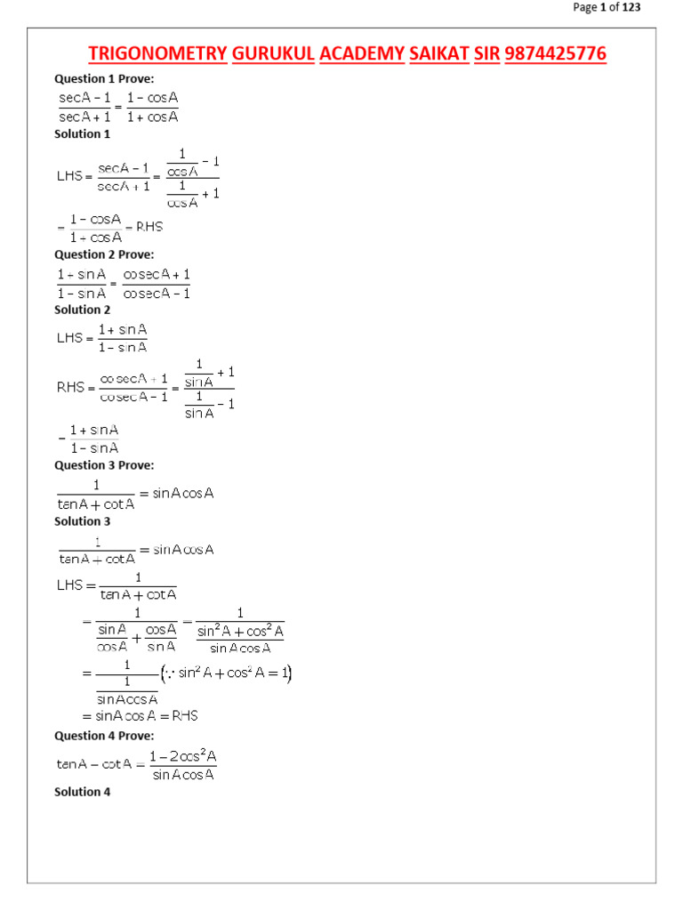 1TRIGONOMETRY GURUKUL ACADEMY SAIKAT SIR 9874425776 QnA | PDF ...
