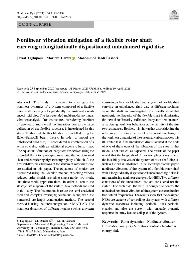 Nonlinear Vibration Mitigation of a Flexible Rotor Shaft | PDF | Bending | Nonlinear System