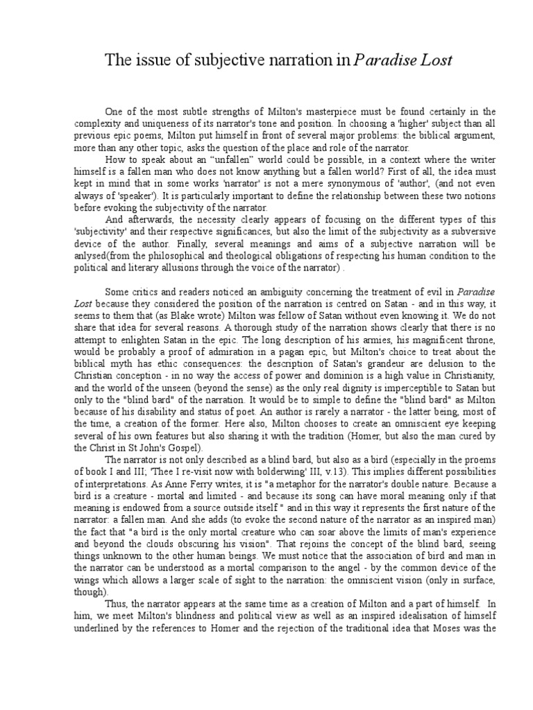 Subjective Narration in Paradise Lost | PDF | Paradise Lost | Satan