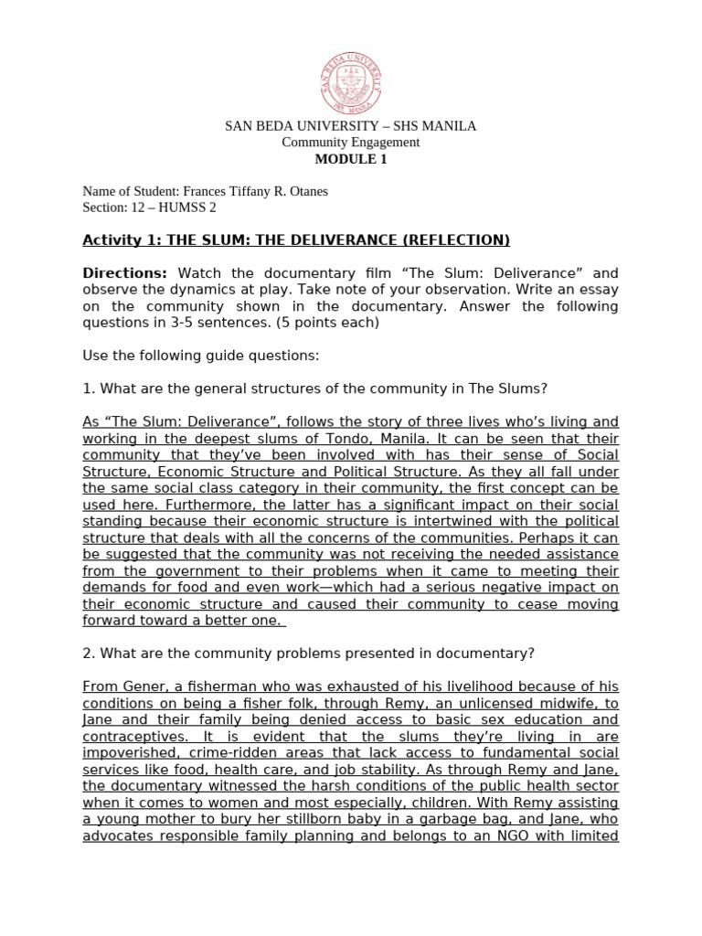 3Q Worksheet 1 - Reflection - The Slums - Otanes | PDF | Slum