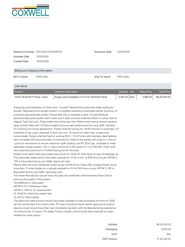Quotation For 10 MM Multicell - PWD - V1 | PDF