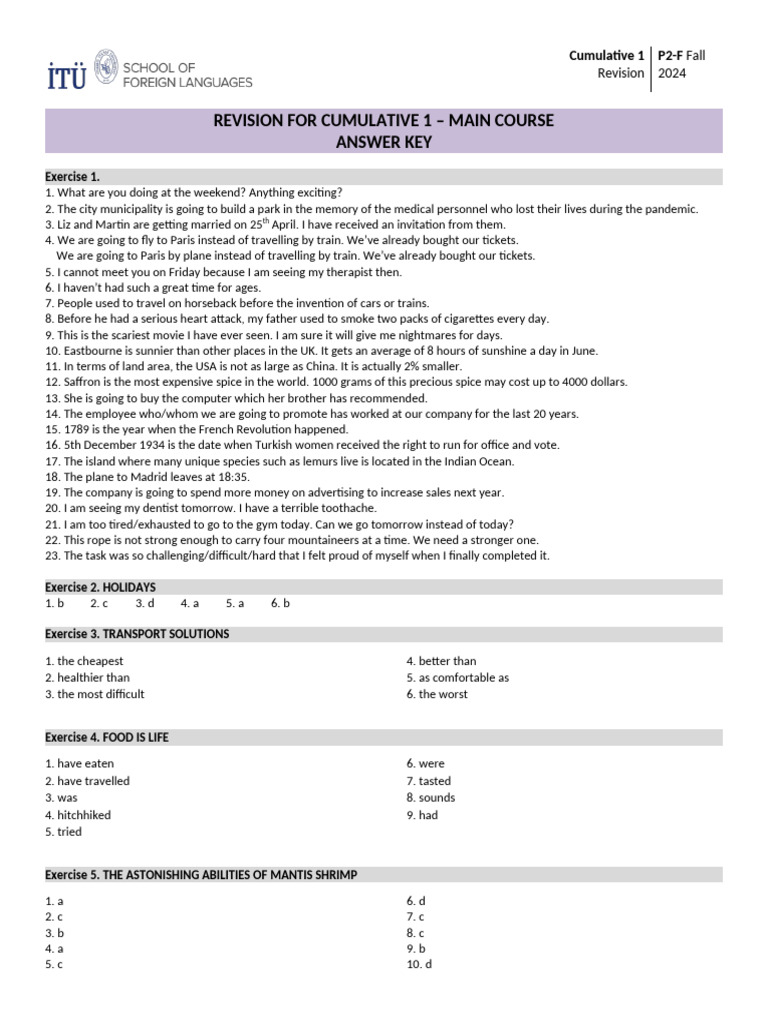 FALL 2024 P2-F Cumulative 1 Revision Main Course ANSWER KEY | PDF