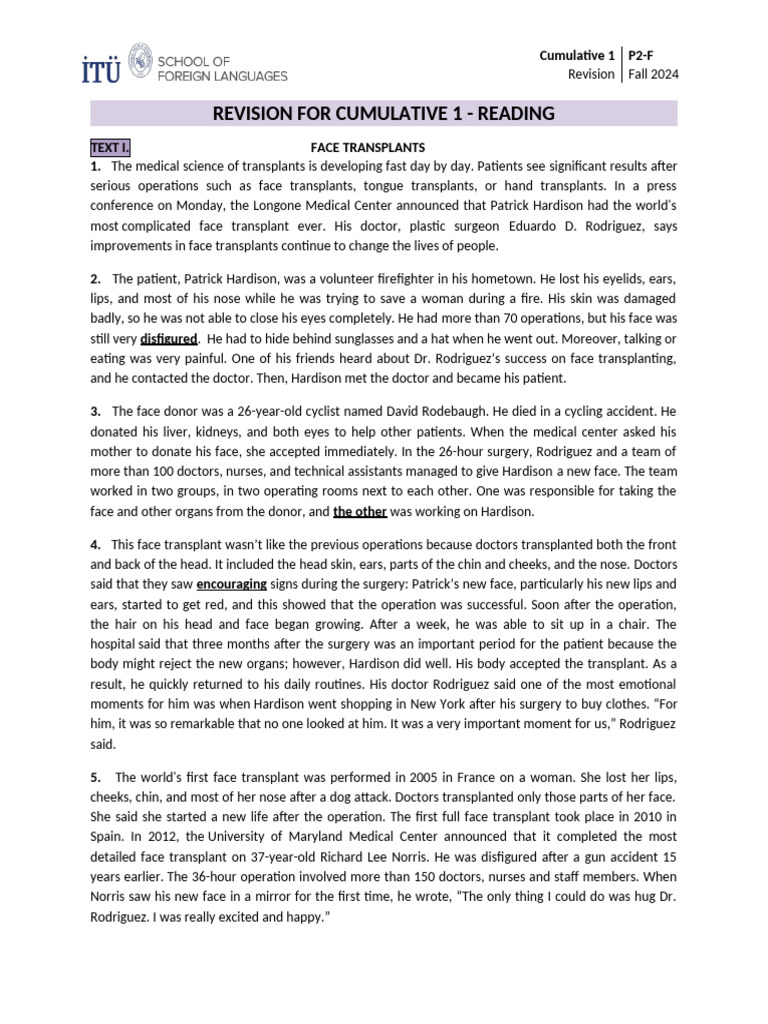 2024 FALL P2-F Cumulative 1 Revision Reading (Answer Key Included) | PDF | Face Transplant ...