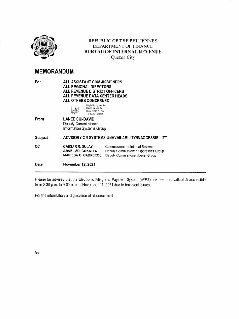 Advisory On Systems Unavailability - Nov. 12 | PDF