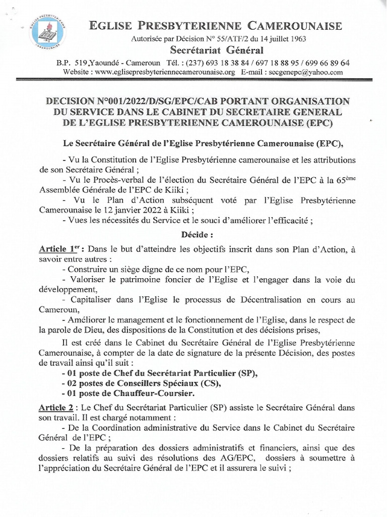 F7ac4 Decision 001 2022 SG Epc Portant Organisation Du Service Dans Le ...