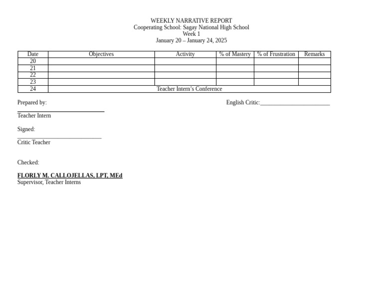 Weekly Narrative Report Form | PDF