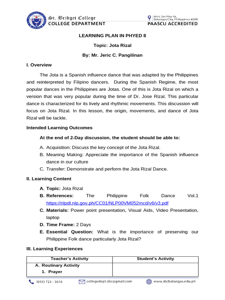 Learning Plan in Phyed 8 Jota Rizal Draft | PDF | Dances | Philippines