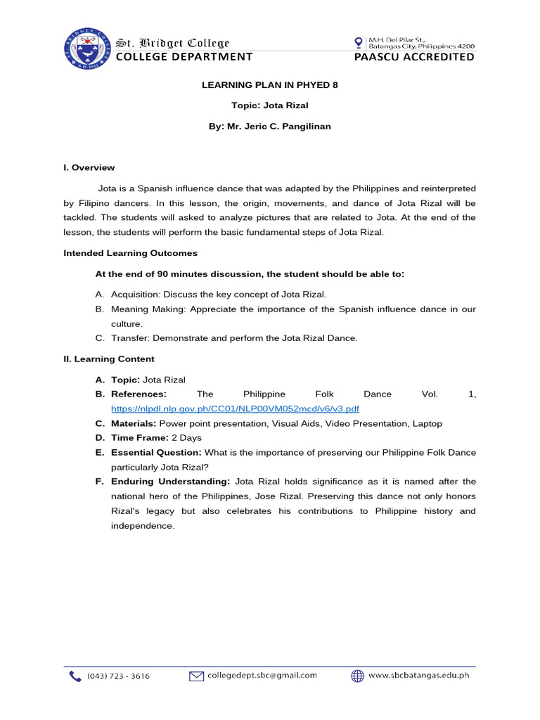 Learning Plan in Phyed 8 Jota Rizal Final | PDF | Dances | Philippines
